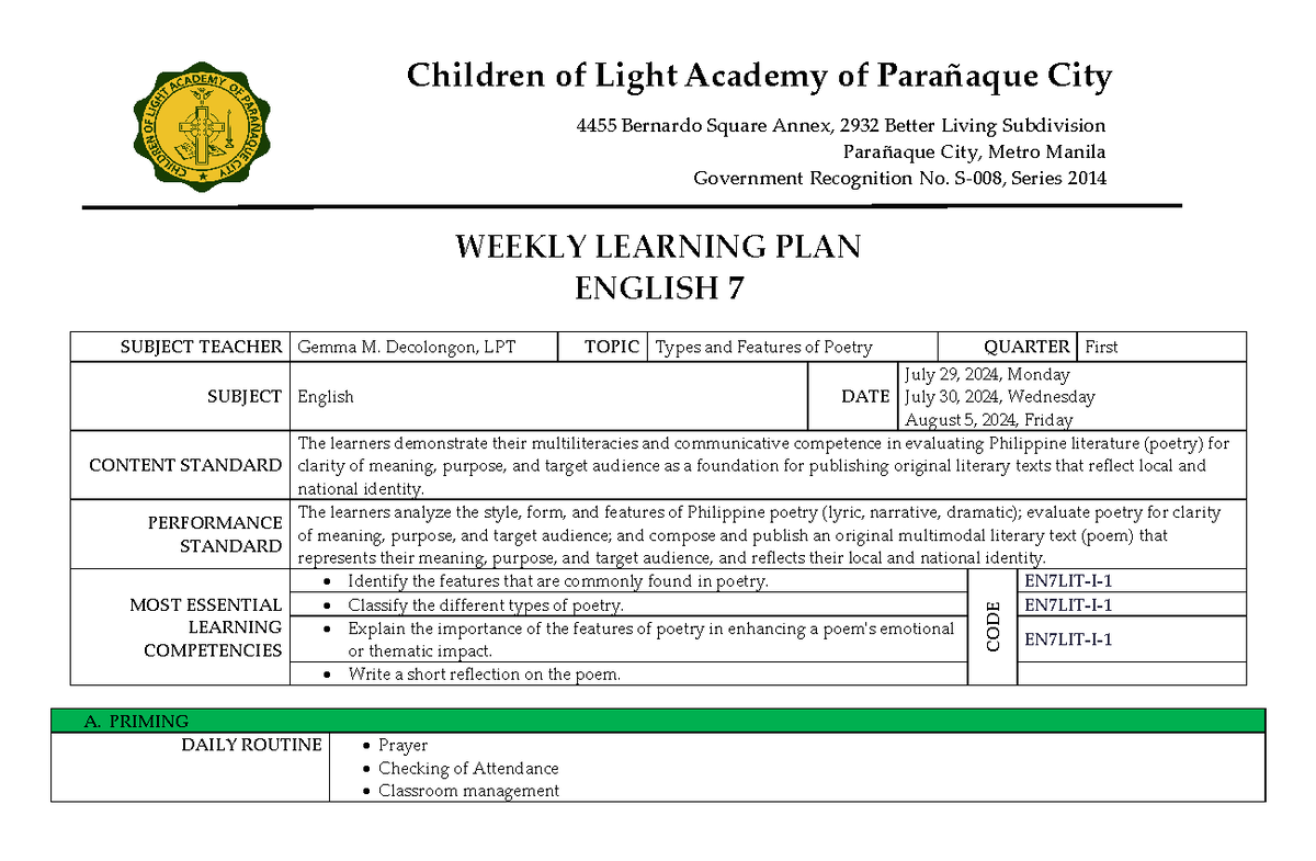 LEARNING PLAN IN ENGLISH 7 FOR THE MATATAG CURRICULUM WEEK 1 FOR THE ...