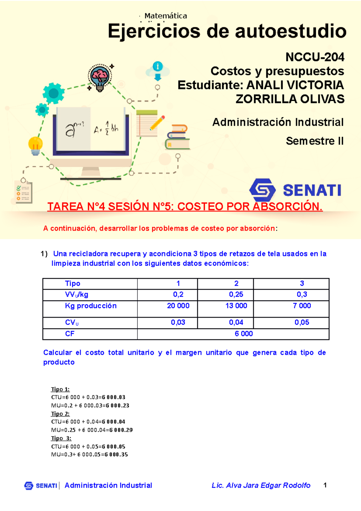 Tarea N°4 Costeo POR Absorción - TAREA N°4 SESIÓN N°5: COSTEO POR ...
