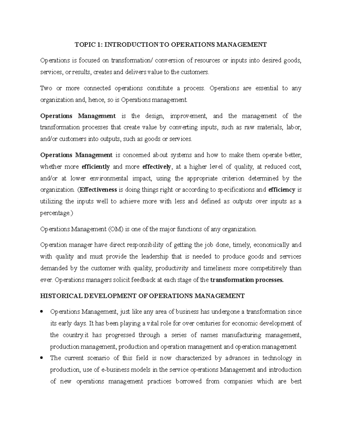 Topic 1 DIBM 0224 - Notes for operations management - TOPIC 1 ...