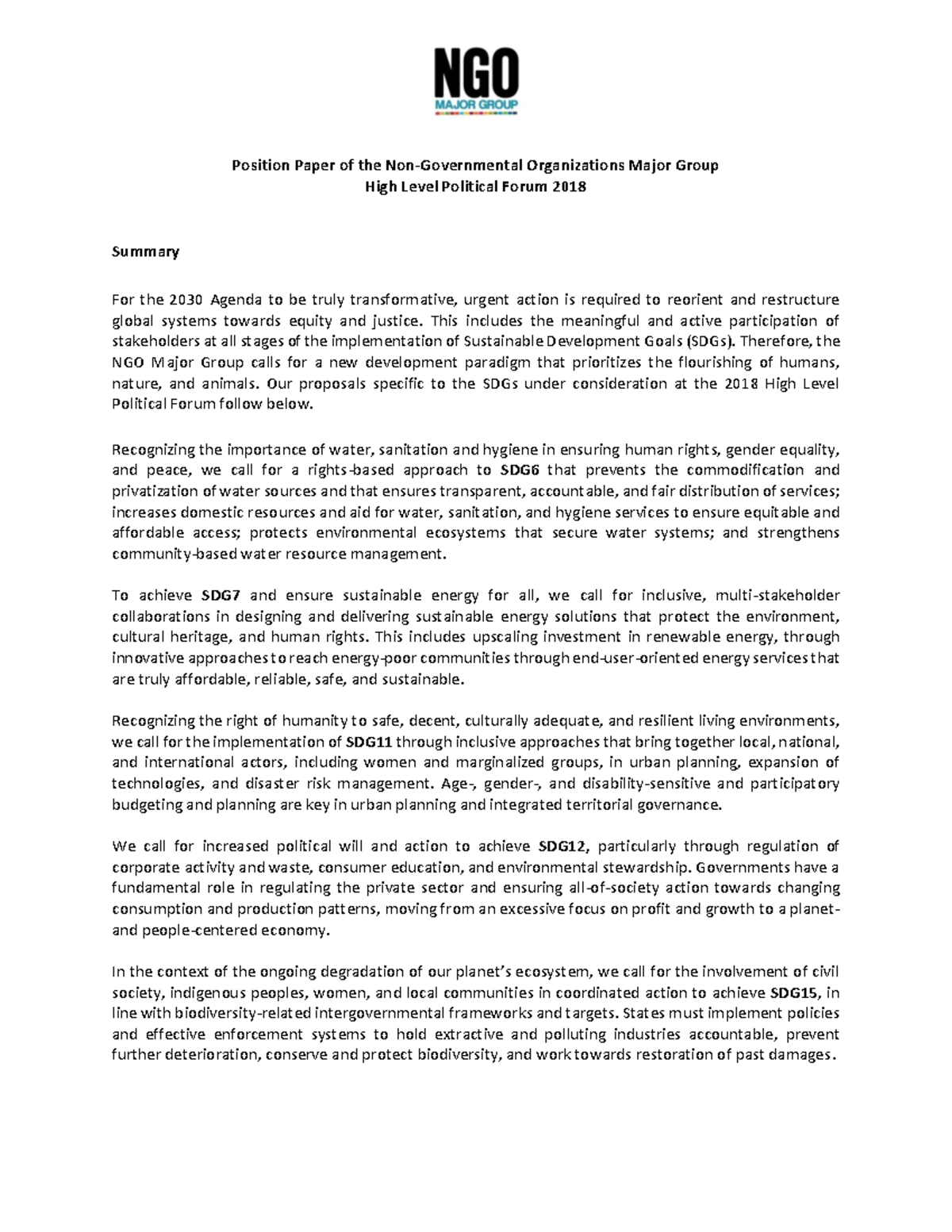 18801 Ngomgsectoral Paper HLPF 2018 - Position Paper of the Non ...