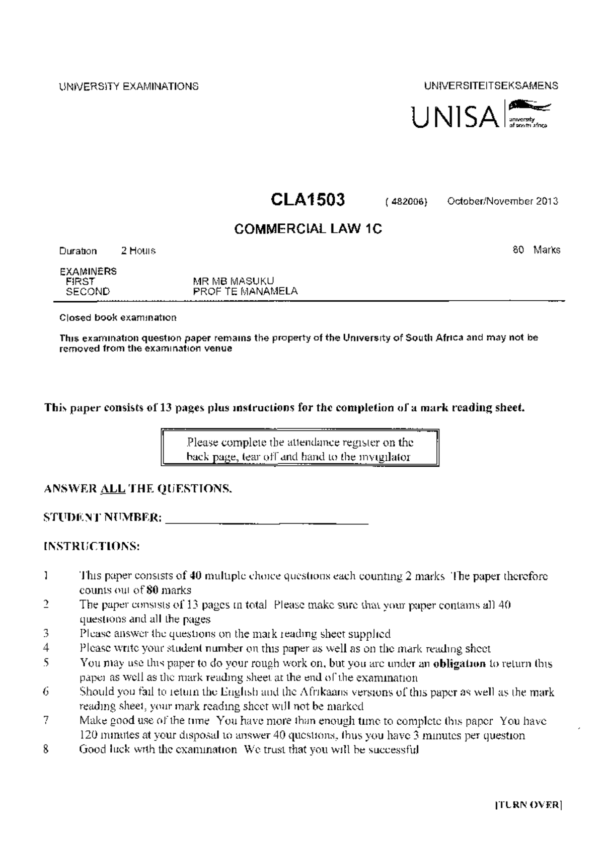 CLA1503 - Exam Memo - OctNov 2013 - UNlVERSlTY EXAMINATIONS ...