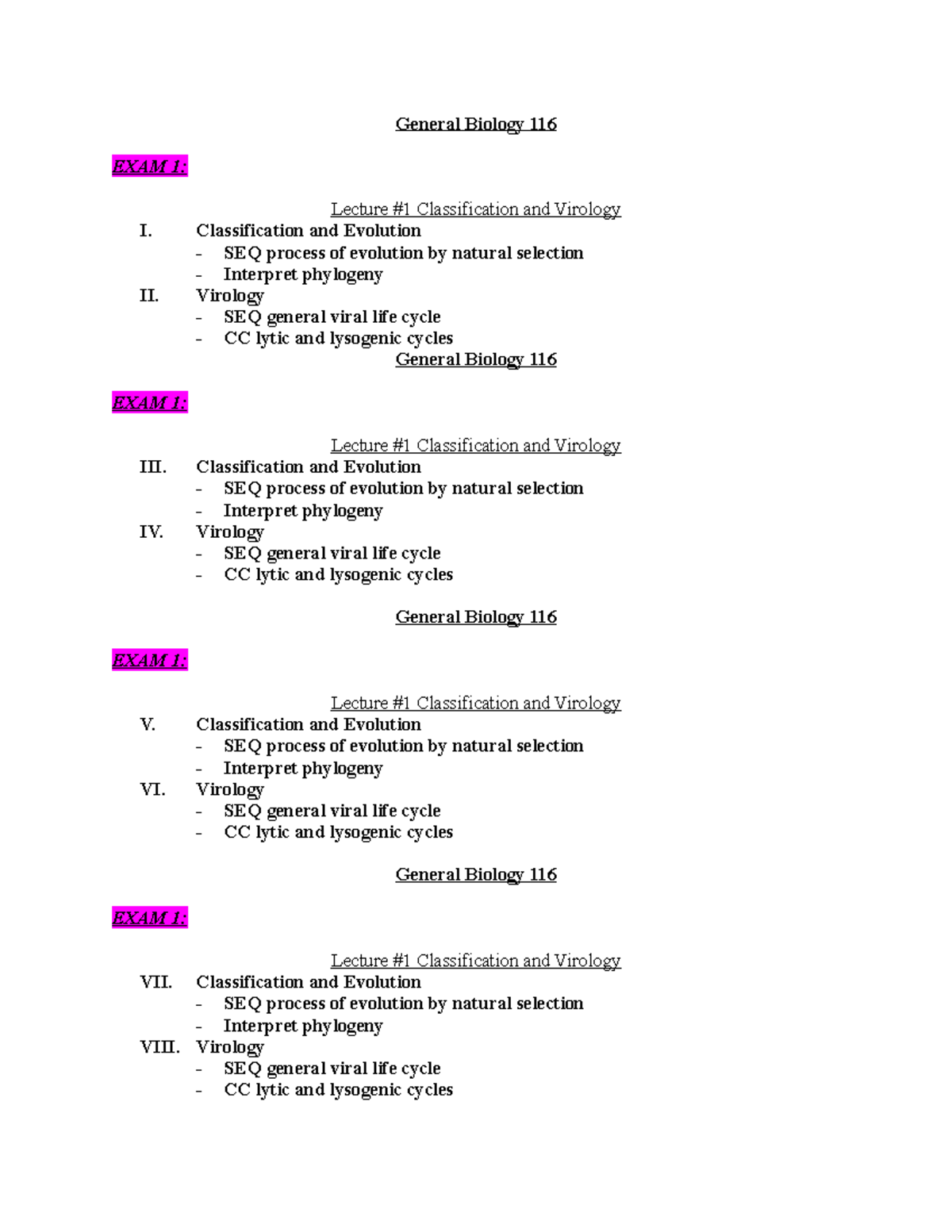 Genneral psychology - General Biology 116 EXAM 1: Lecture #1 ...