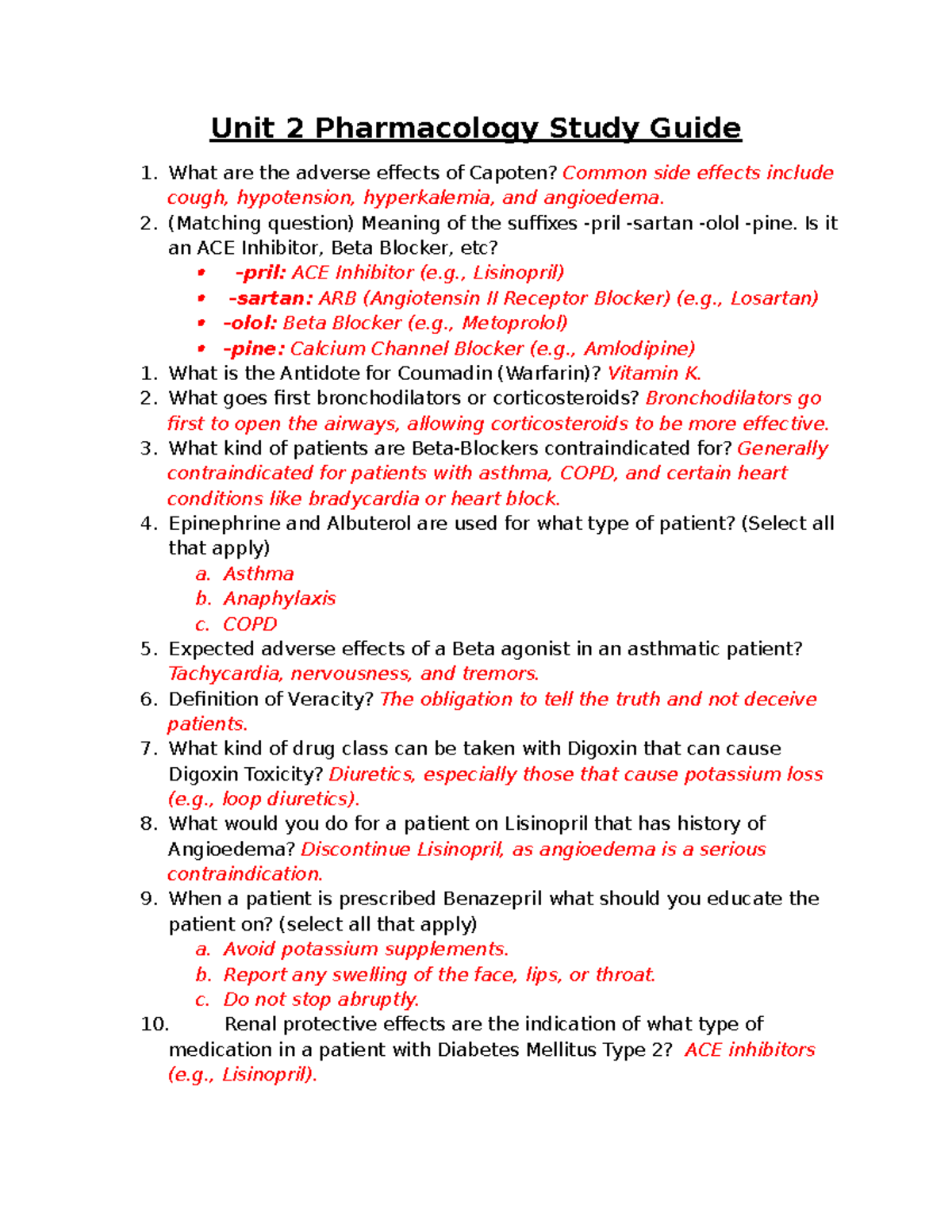 Unit 2 Pharmacology Study Guide - Unit 2 Pharmacology Study Guide 1 ...