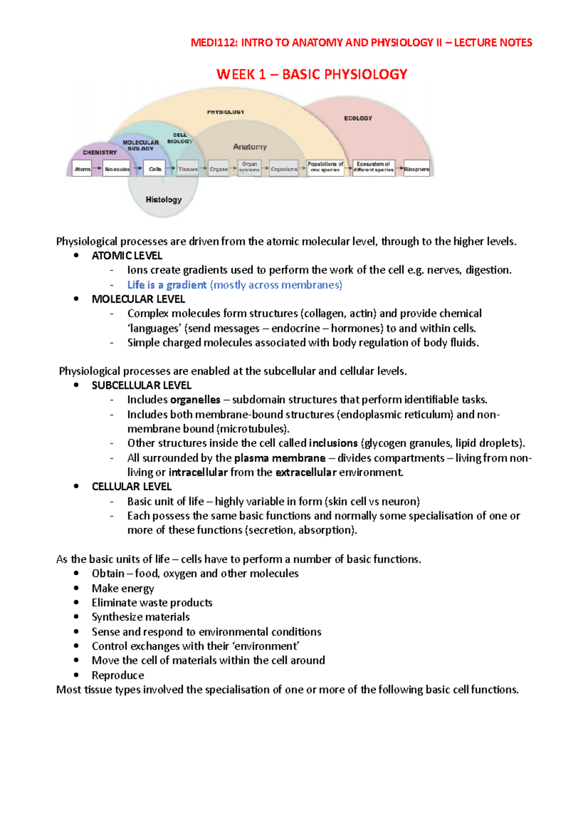 MEDI112 - Lecture Notes - WEEK 1 – BASIC PHYSIOLOGY Physiological ...
