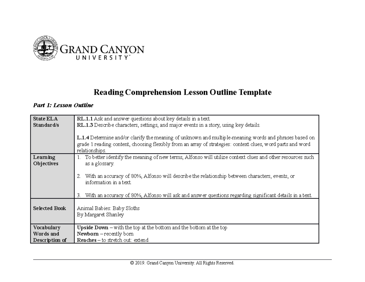 Elm 305 Reading Comprehension Lesson Outline Template Reading Comprehension Lesson Outline