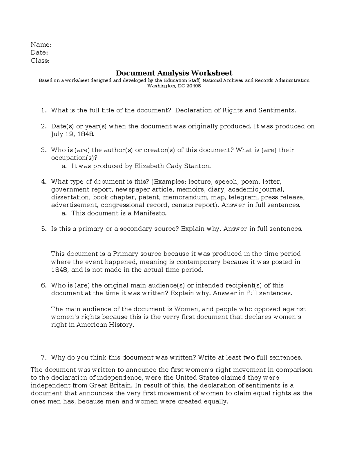 Document Analysis Worksheet ninth - Name: Date: Class: Document Analysis Worksheet Based on a ...