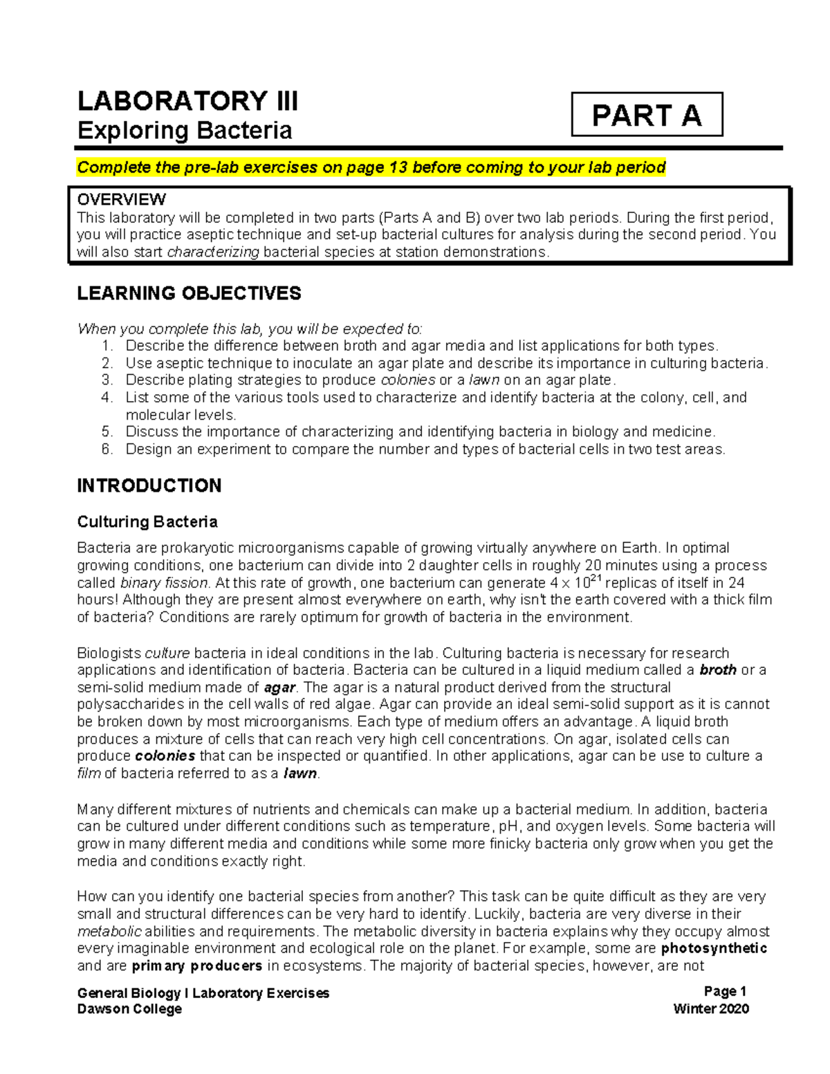 LAB 3 - bacteria (part A) - General Biology I Laboratory Exercises Page ...