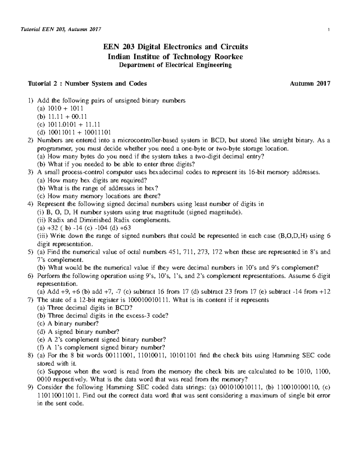 Tutorial 2 EEN 203 - Tutorial EEN 203, Autumn 2017 1 EEN 203 Digital ...
