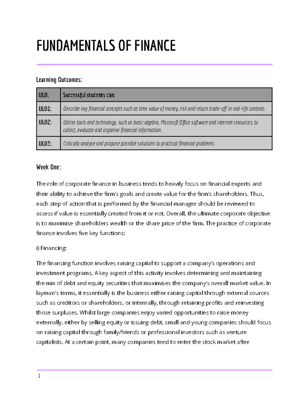 Fundamentals Of Finance - FUNDAMENTALS OF FINANCE Learning Outcomes ...