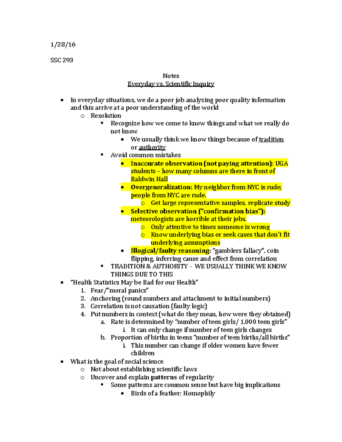 Lecture notes, Everyday vs. Scientific Inquiry - 1/28/ SSC 293 Notes ...