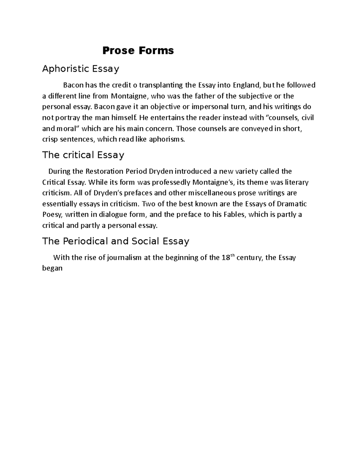 Prose Forms 3 - Prose Forms Aphoristic Essay Bacon has the credit o ...