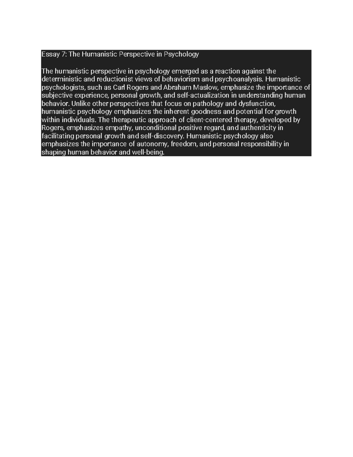 Essay 7 The Humanistic Perspective in Psychology - Essay 7: The ...