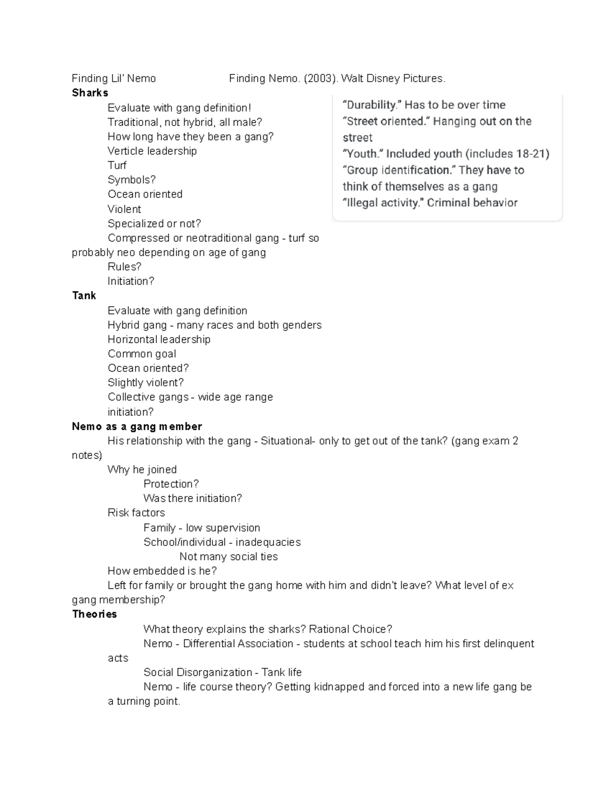 Gangs Paper Outline - Finding Lil’ Nemo Finding Nemo. (2003). Walt ...