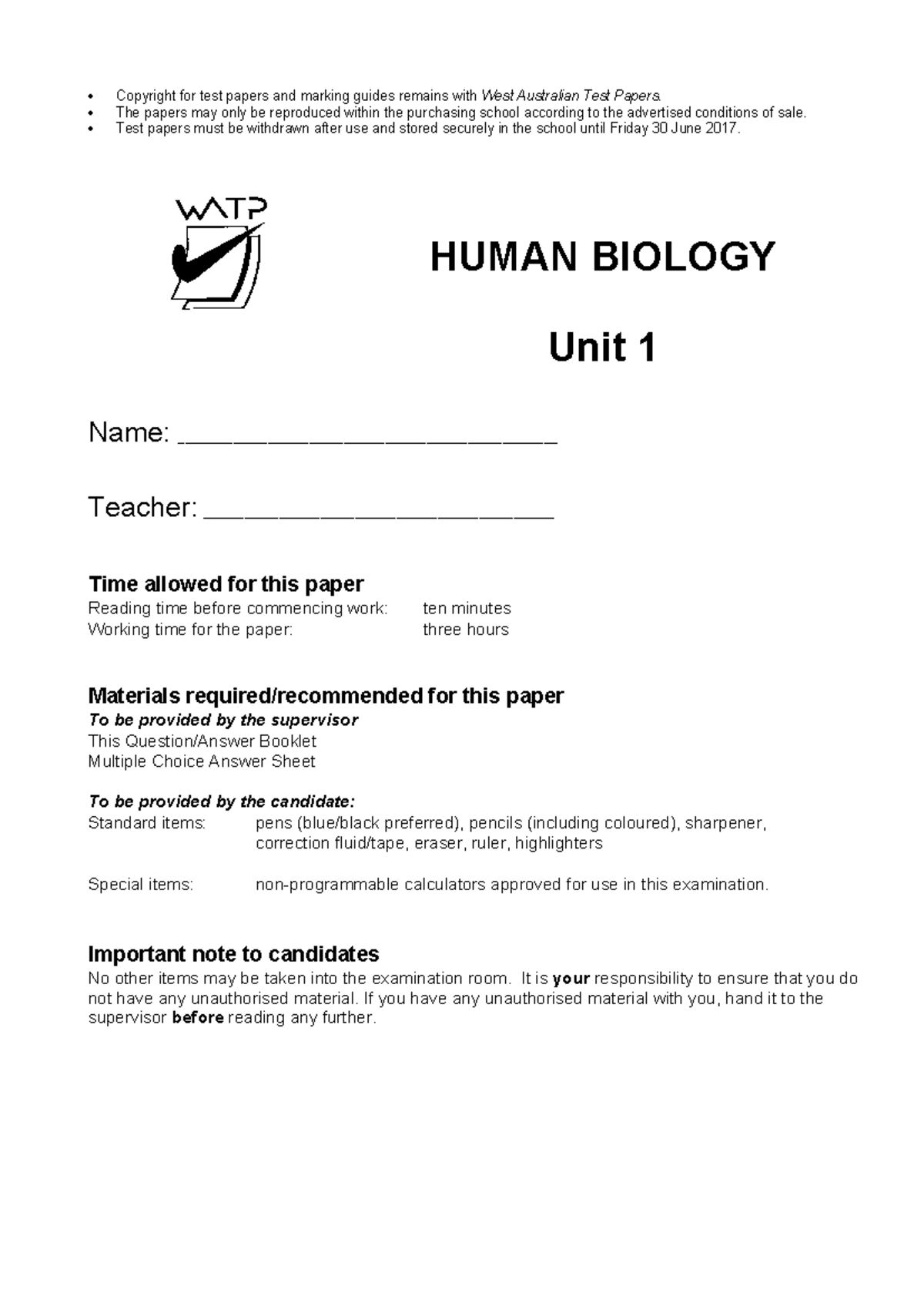 2017 Human Biology Exam - WATP - Copyright for test papers and marking ...