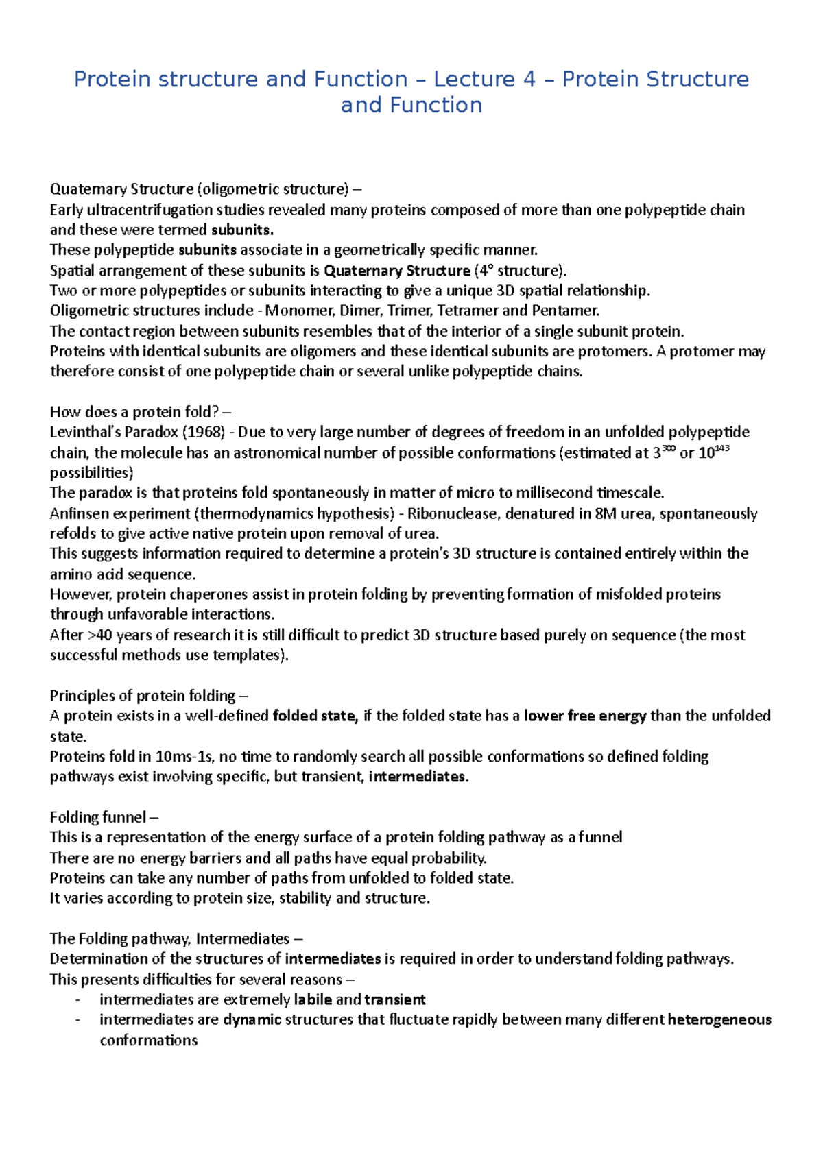 Protein Structure And Function Lecture 4 Protein Structure And