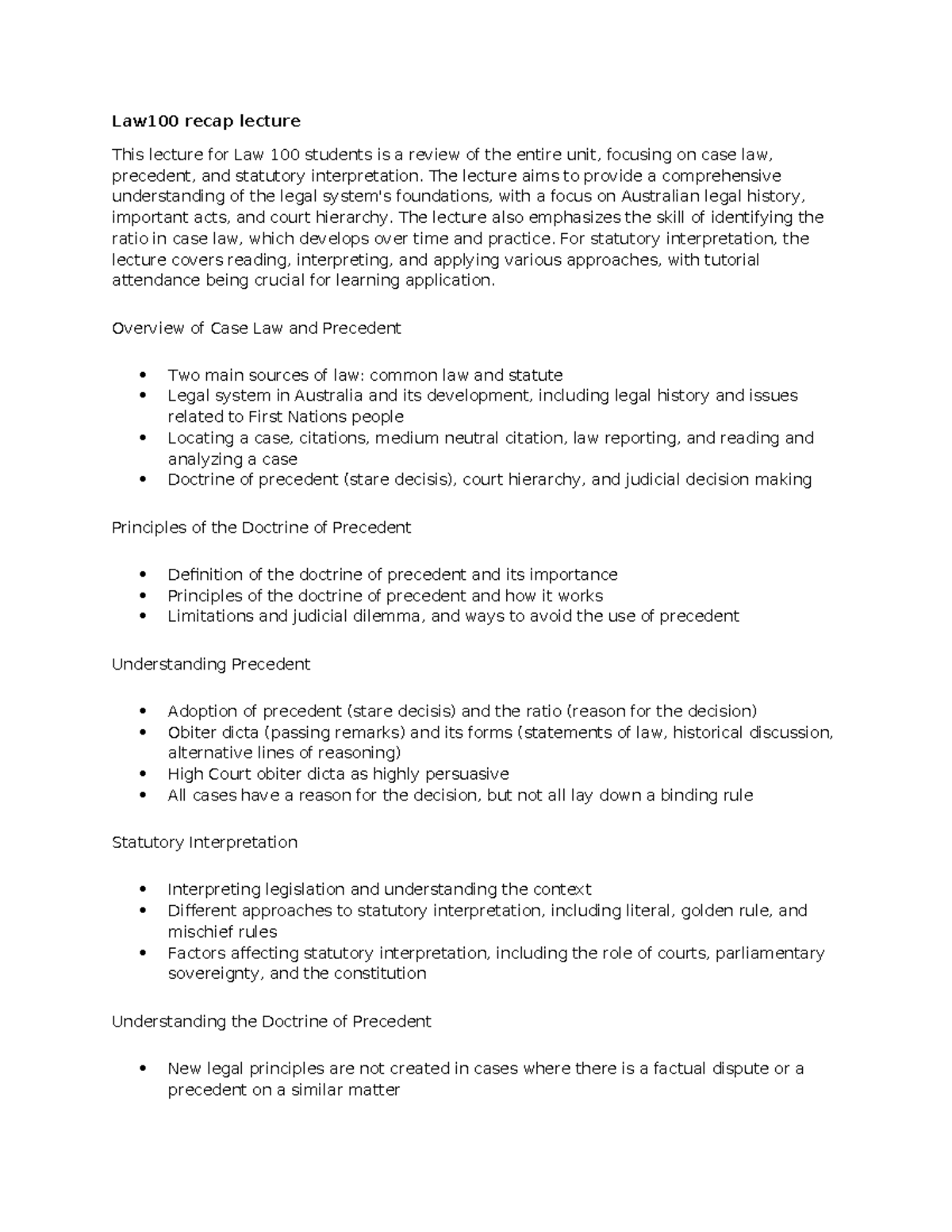 Recap of exam tutorial - Law100 recap lecture This lecture for Law 100 ...