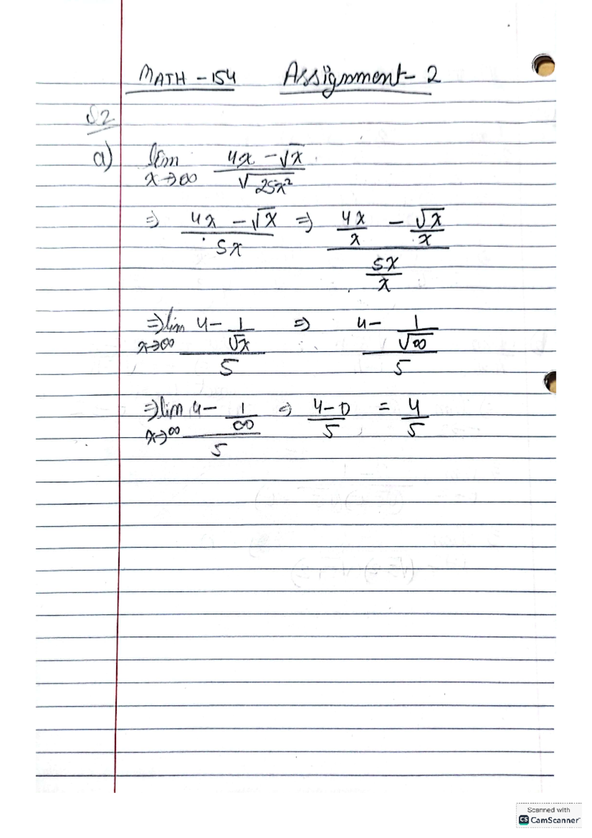 Math 154 a2q2 - assignment 2 quesyion2 - Math 154 - MATH - 154 Assignment- 2 02 a) I'm 4x-vx ...