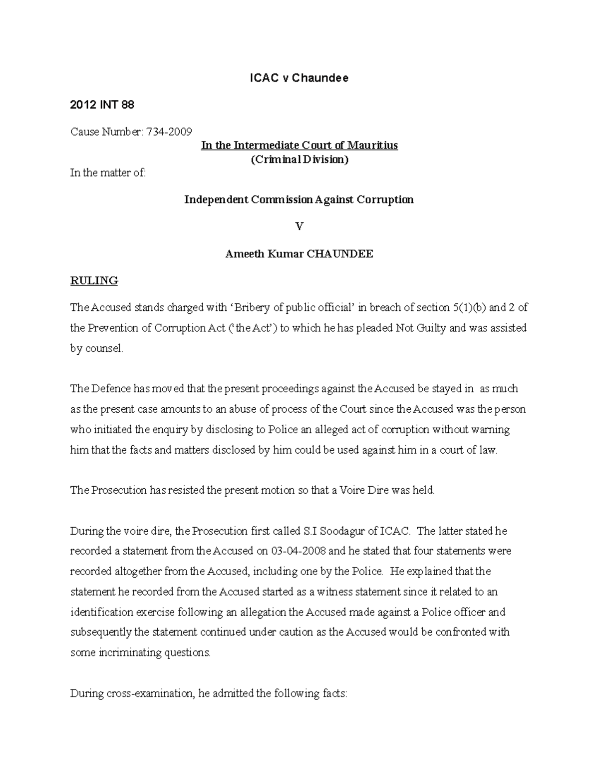 Icac-v-chaundee Wasson - ICAC v Chaundee 2012 INT 88 Cause Number: 734 ...