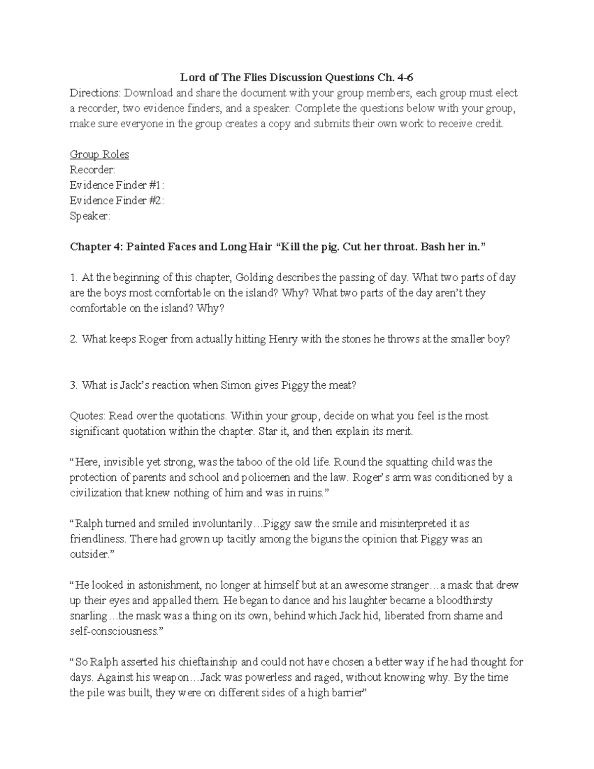 Lord of The Flies Discussion Questions-Ch. 4-6 - 4- Directions ...