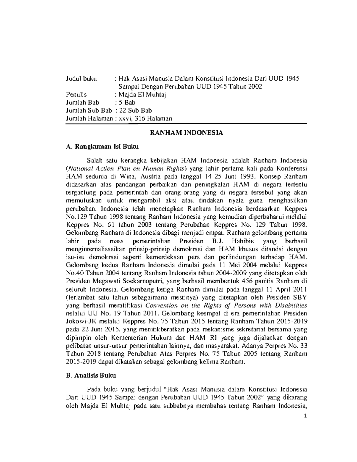 CBR Hukum HAM Anggi Tania Ramadhina - 1 Judul buku : Hak Asasi Manusia Dalam Konstitusi ...