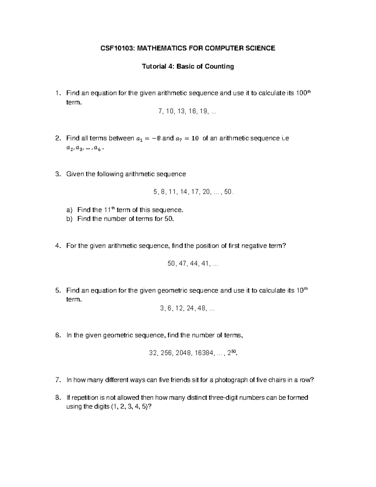 CSF10103 Tutorial 4 - excersice - CSF10103: MATHEMATICS FOR COMPUTER SCIENCE Tutorial 4 : Basic ...