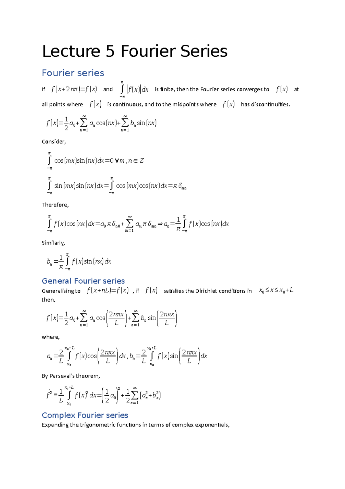 PC2134 Notes - Fourier Series - Lecture 5 Fourier Series Fourier series ...