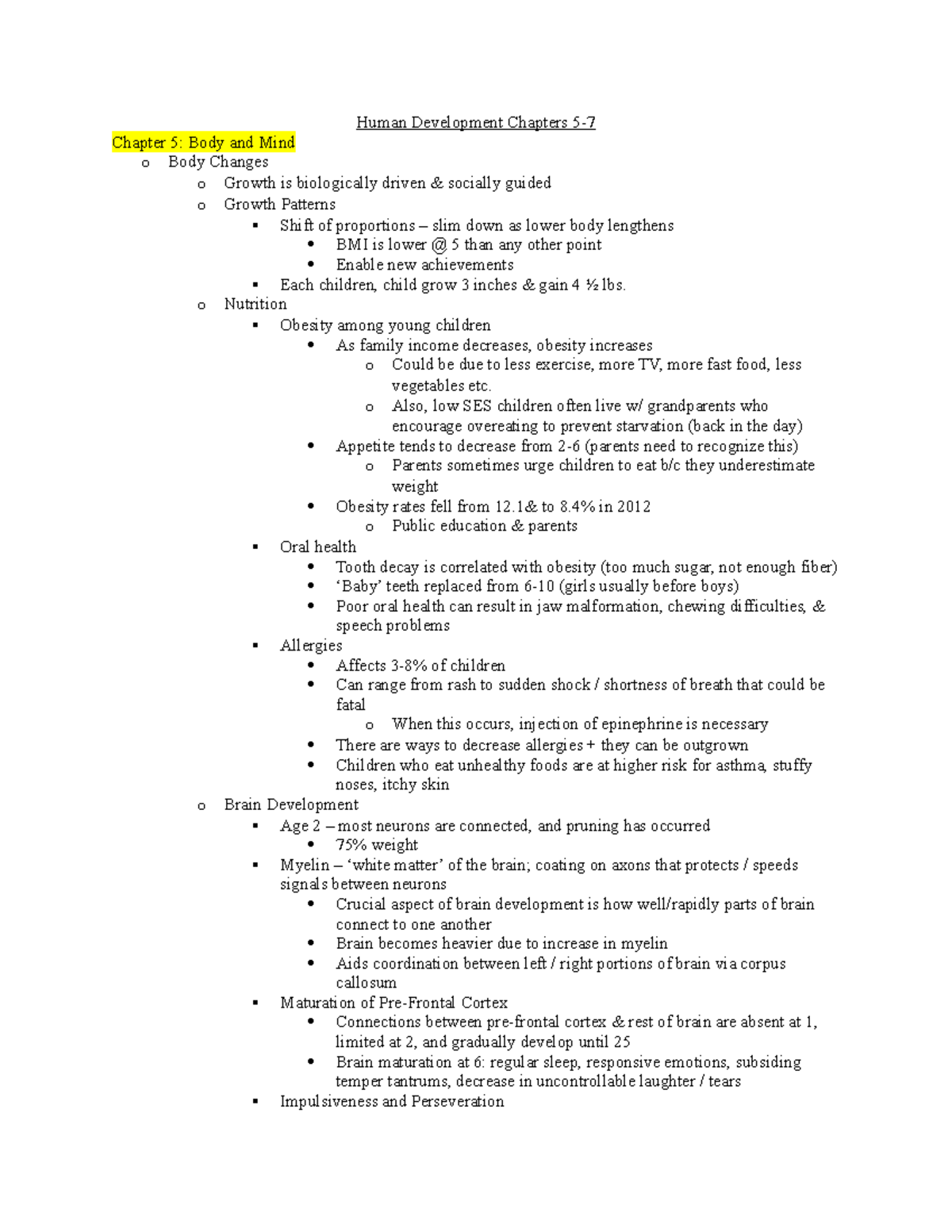 Chapters 5-7 - Human Development Chapters 5- Chapter 5: Body and Mind o ...