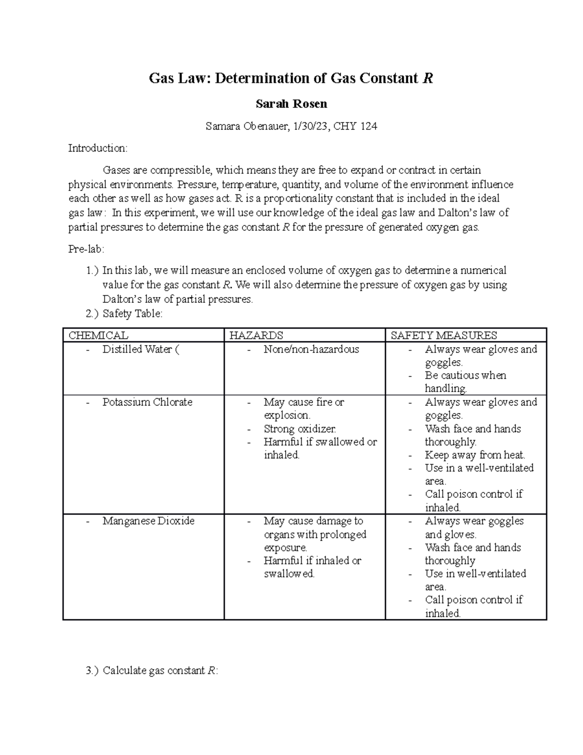 Gas Law lab - Gas Law lab full lab report - Gas Law: Determination of ...