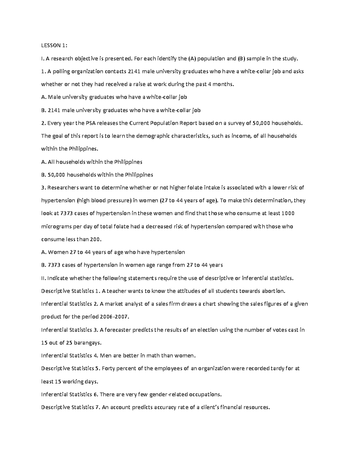 Statistics Lesson 1 Answer - LESSON 1: I. A research objective is ...