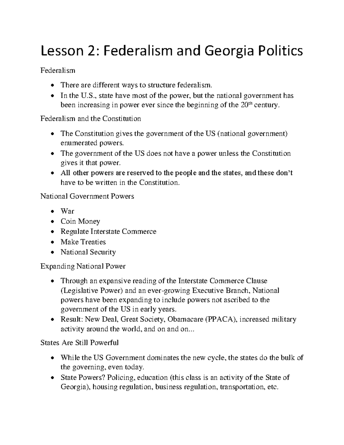 Lesson 2- Federalism and Georgia Politics Notes - Lesson 2: Federalism ...