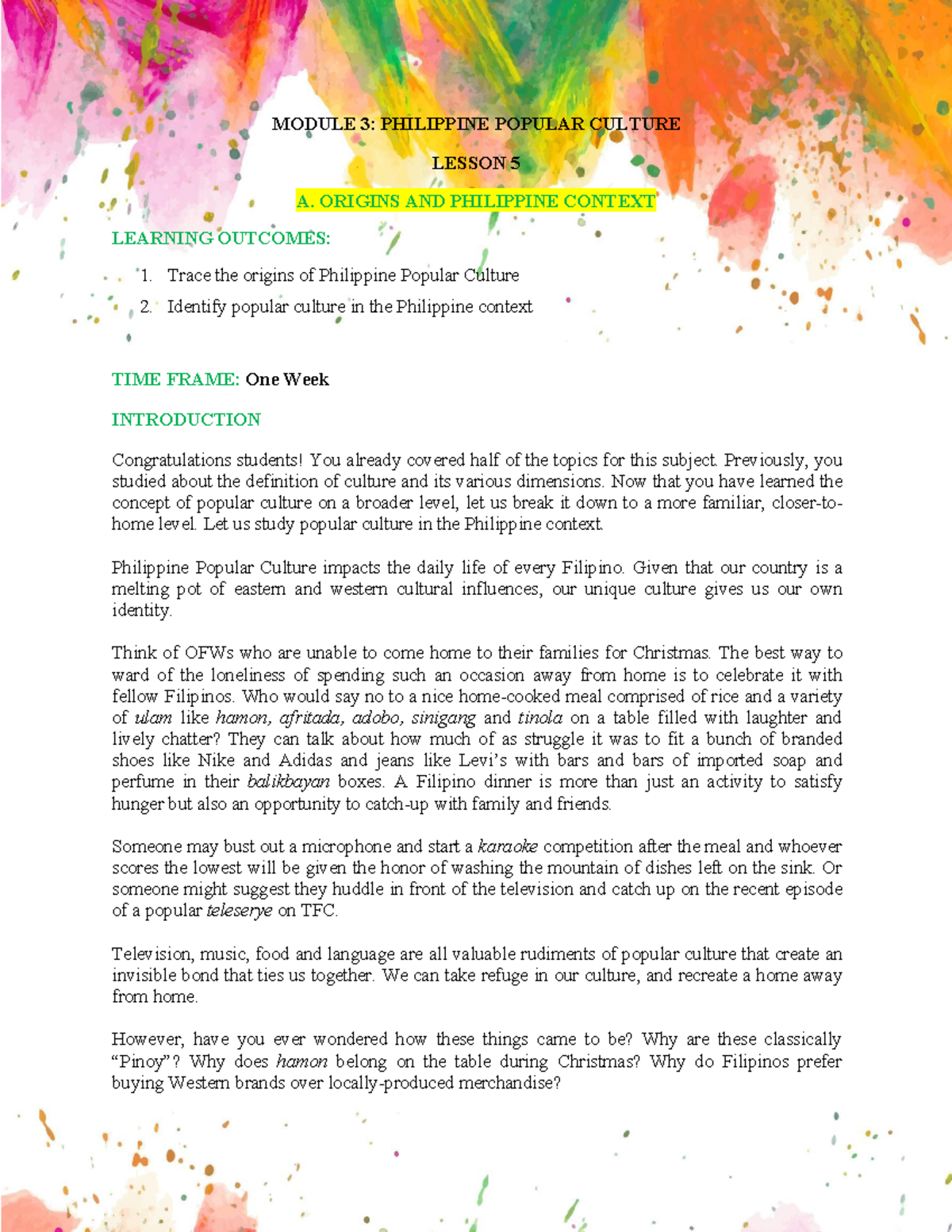 Final - For exchange only - 1 MODULE 3: PHILIPPINE POPULAR CULTURE ...