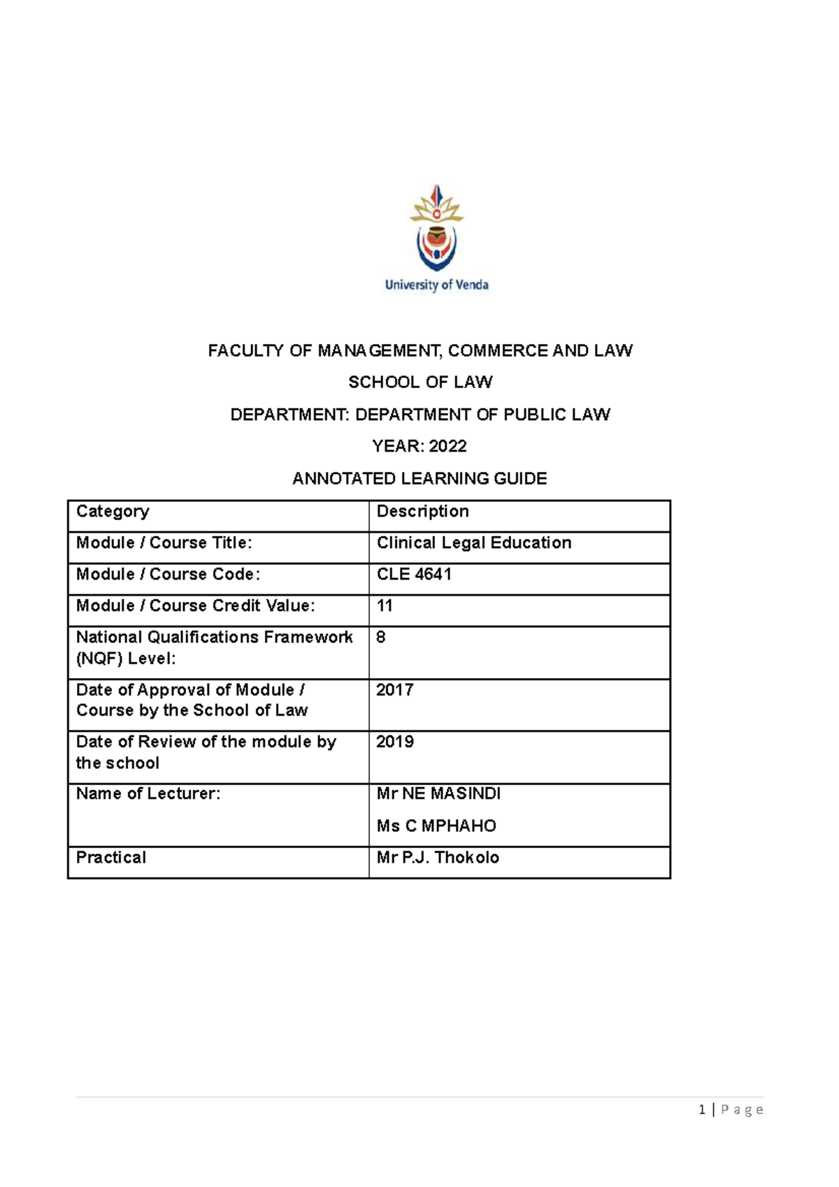 CLE 4641 Course Outline - FACULTY OF MANAGEMENT, COMMERCE AND LAW ...