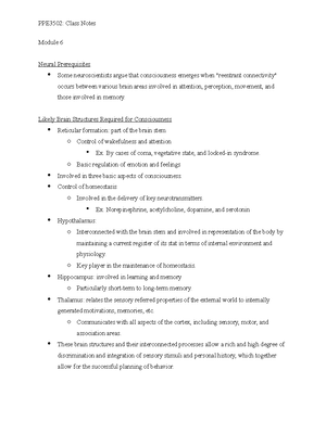 PPE3502-Module 12Notes - PPE3502: Class Notes Module 12: Consciousness ...