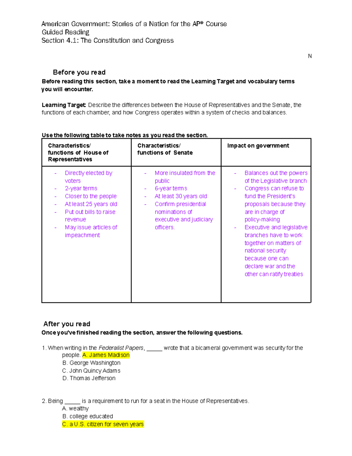 Congress Reading Guide 4.1 - American Government: Stories of a Nation ...