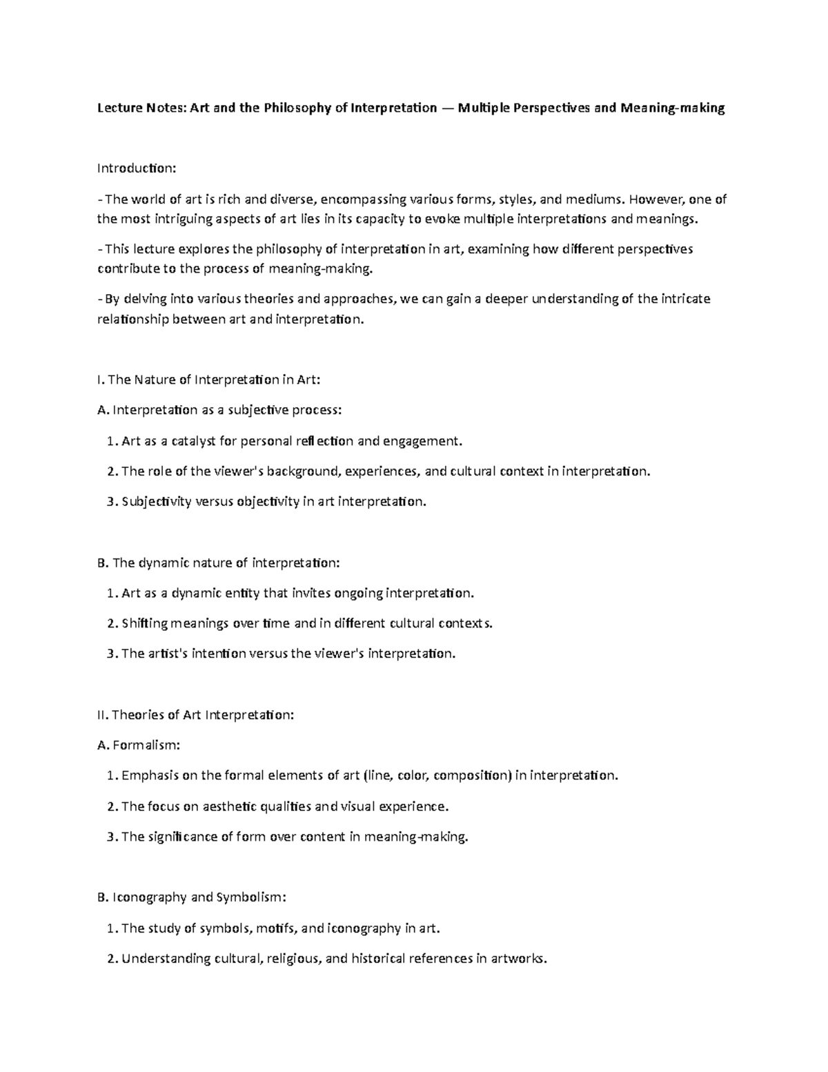 Lecture Notes: Art and the Philosophy of Interpretation — Multiple ...