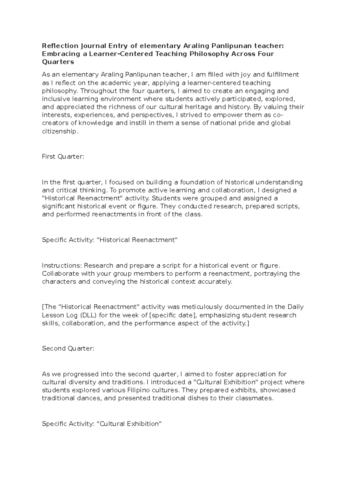 Reflection Journal Entry of elementary Araling Panlipunan teacher ...