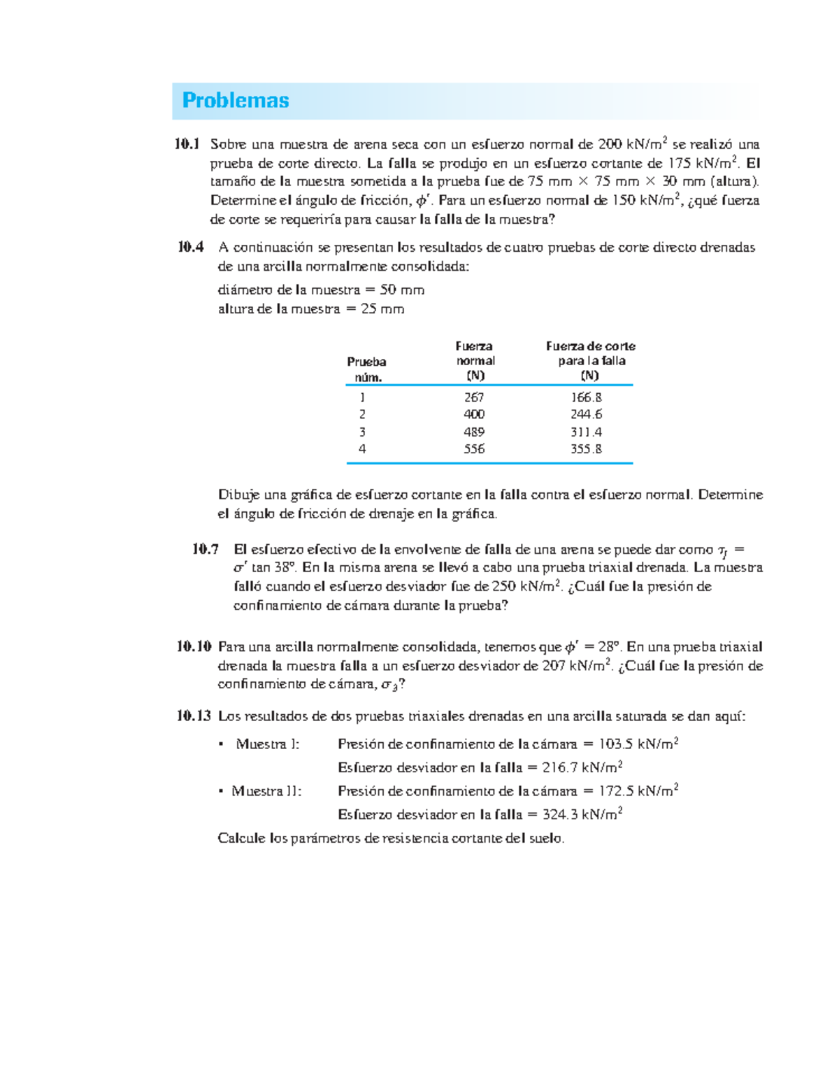 Practico de resistencia al cortante - Problemas 10 Sobre una muestra de arena seca con un ...