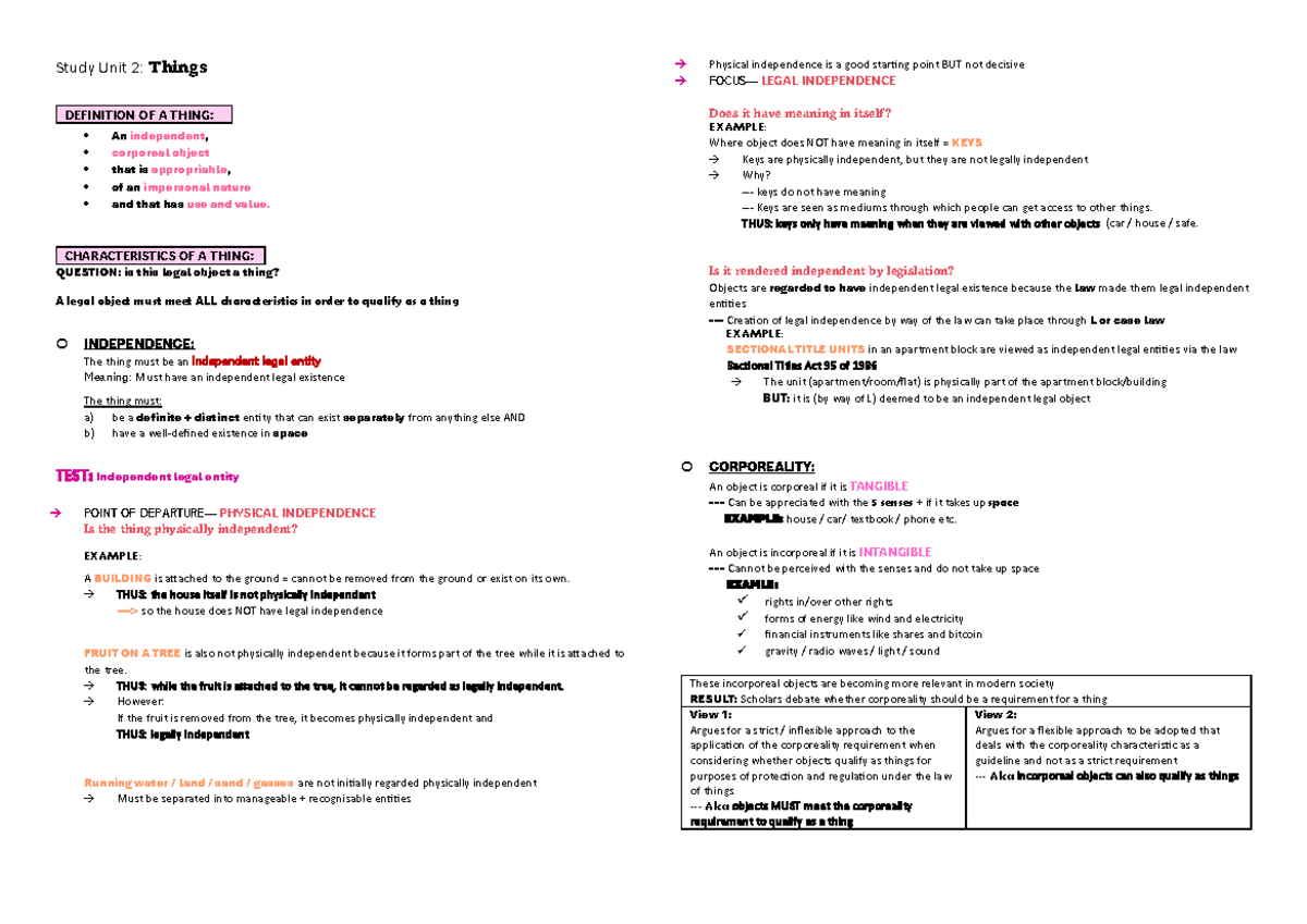 SU 2 - Study Unit 2 - Study Unit 2: Things DEFINITION OF A THING: An ...