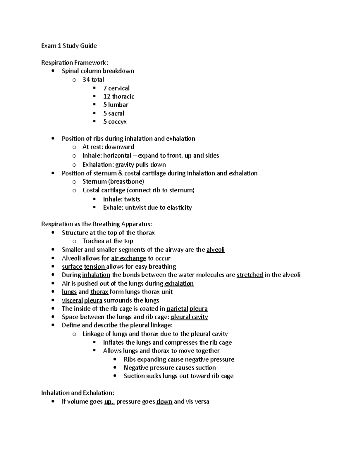 Exam 1 Study Guide Notes - Exam 1 Study Guide Respiration Framework ...