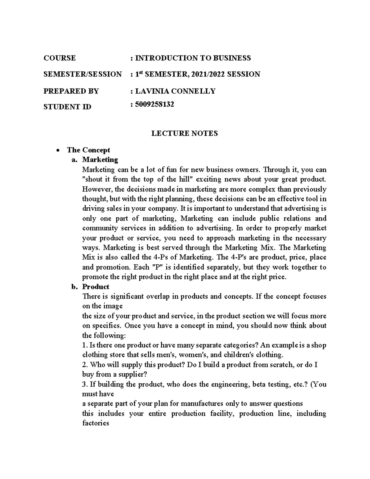 Introduction To Business (5) - Lecture Notes - COURSE : INTRODUCTION TO ...