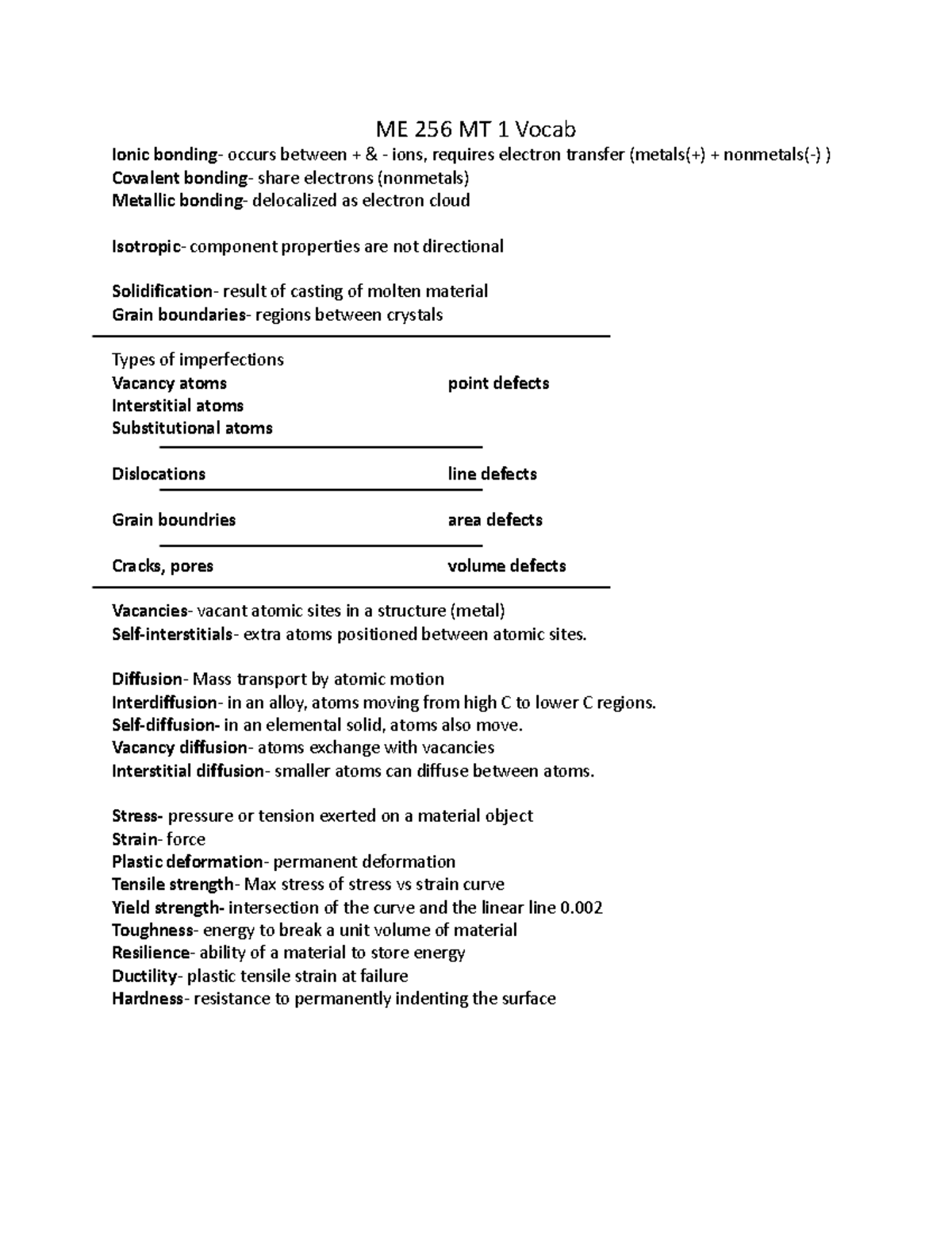 ME 256 MT 1 Notes - ME 256 MT 1 Vocab Ionic bonding- occurs between ...