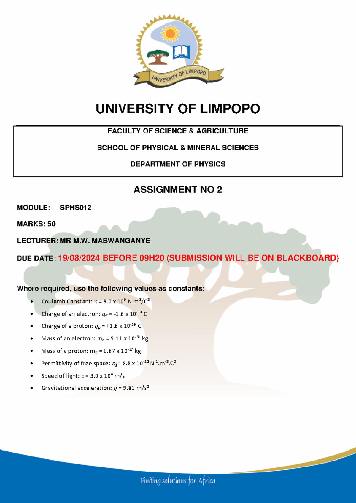 SPHS012 Assignment 2 2024 - UNIVERSITY OF LIMPOPO FACULTY OF SCIENCE ...