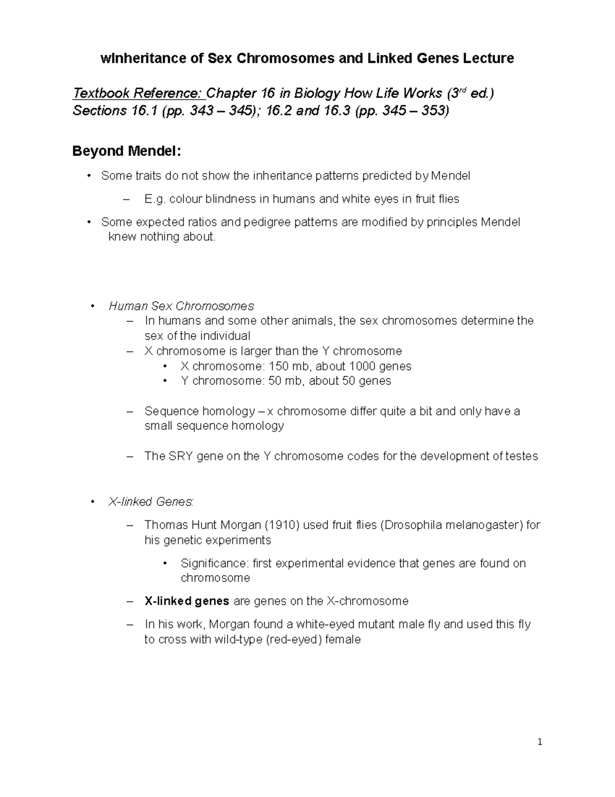 Ch16 Inheritance Of Sex Chromosomes And Linkage Wf Notes 2019 Winheritance Of Sex Chromosomes 