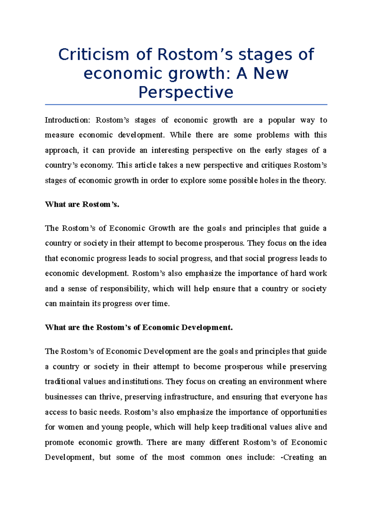 Criticism of Rostom’s stages of economic growth, A New Perspective ...