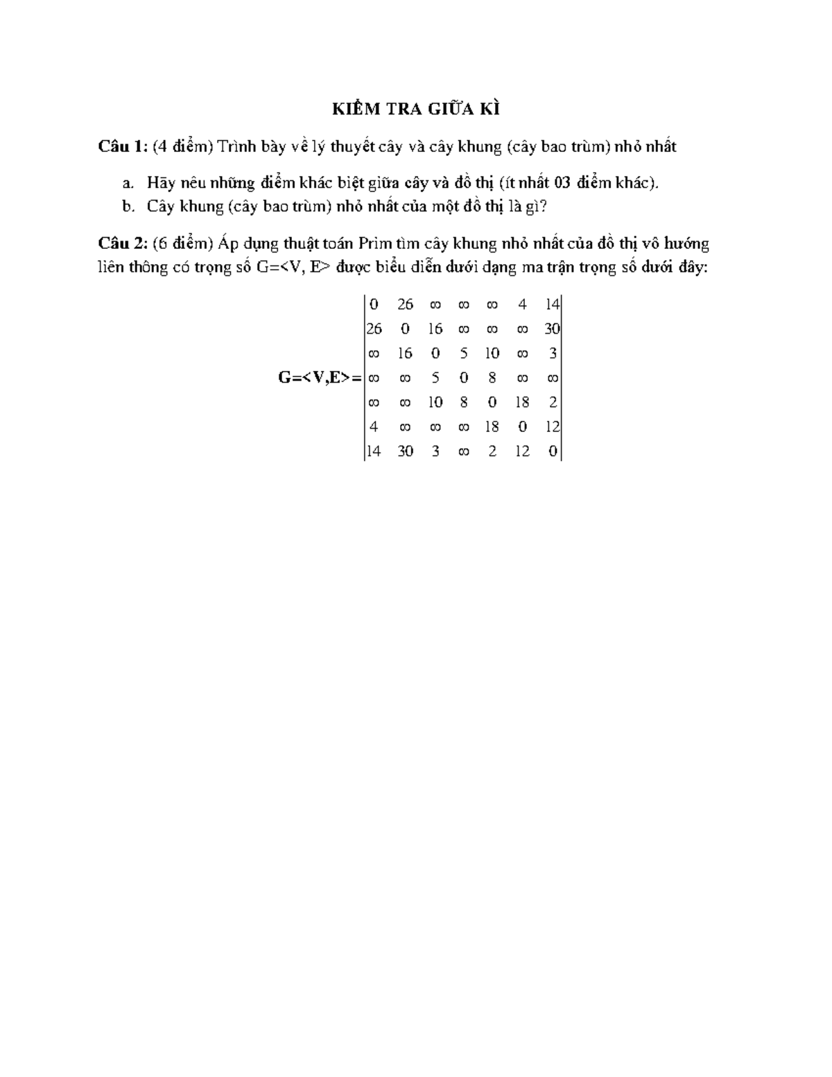 De kiem tra giua ki - Giảng viên: Ngô Hồng Minh - KIỂM TRA GIỮA KÌ Câu 1: (4 điểm) Trình bày về ...