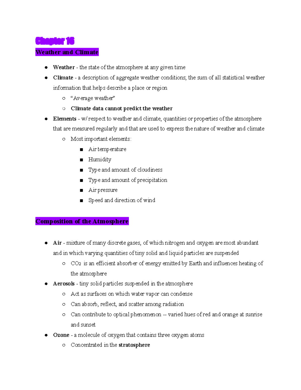 Chapter 16 Notes - ES 101 - Chapter 16 Weather and Climate Weather ...