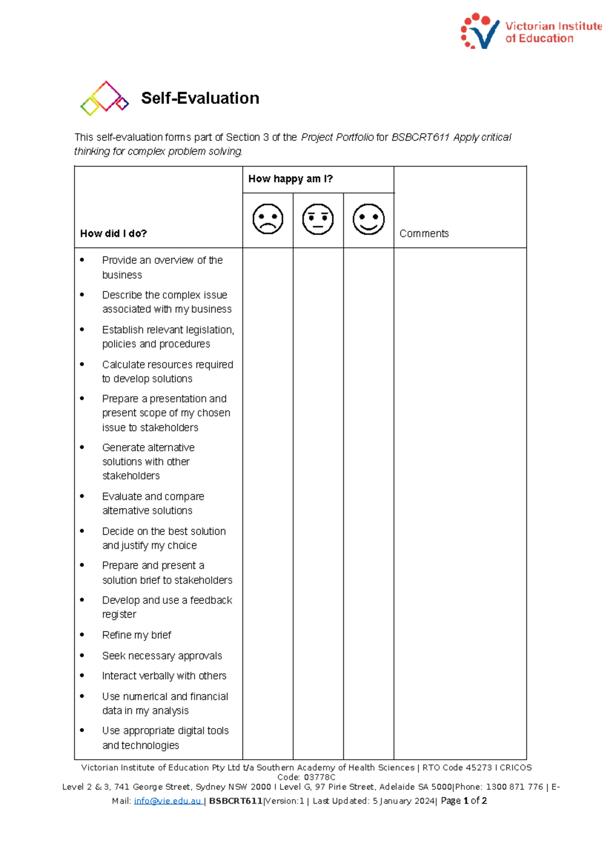 Bsbcrt 611 Self-evaluation - Self-Evaluation This self-evaluation forms part of Section 3 of the ...