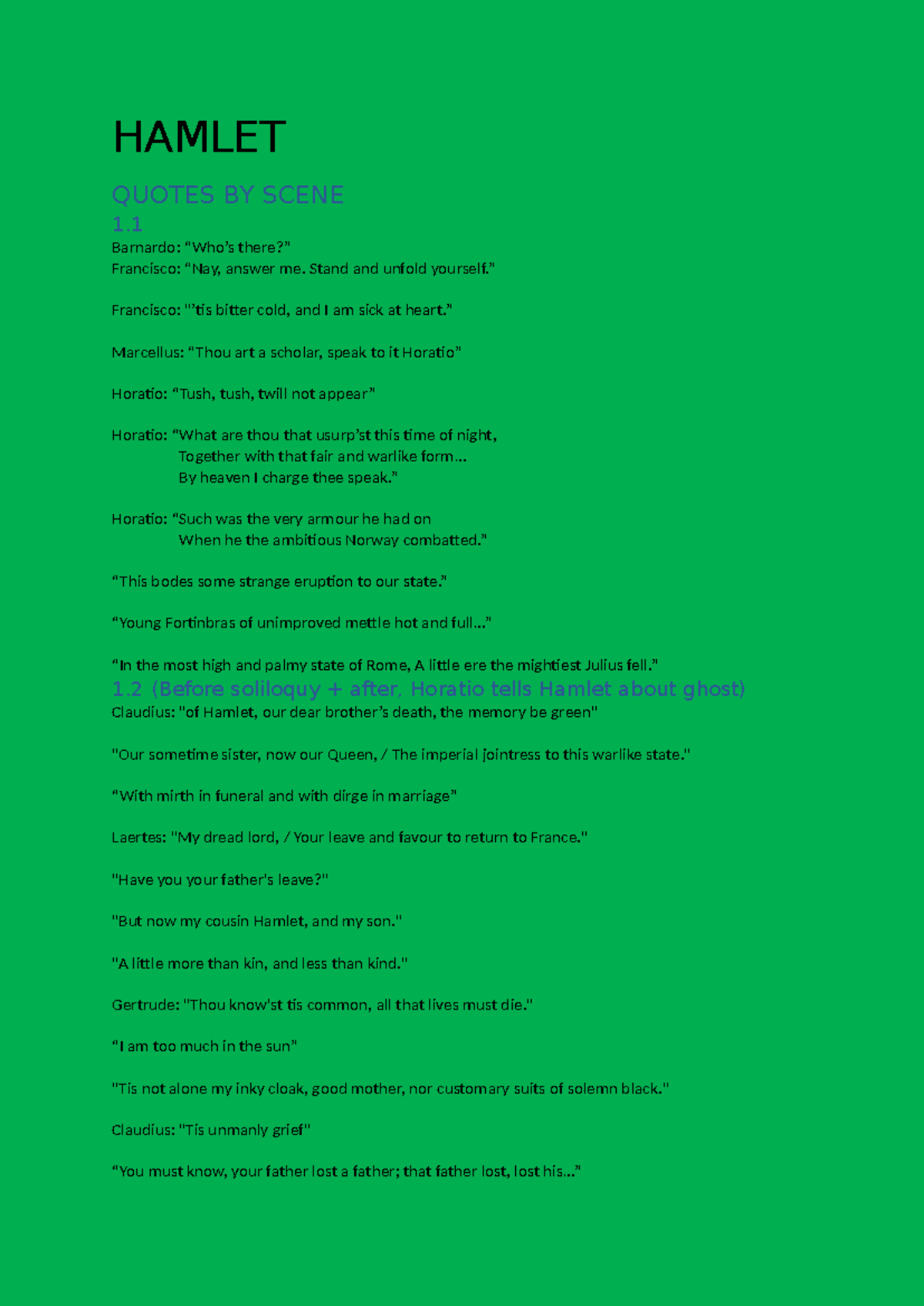 Hamlet quotes and critics - HAMLET QUOTES BY SCENE 1. Barnardo: “Who’s ...