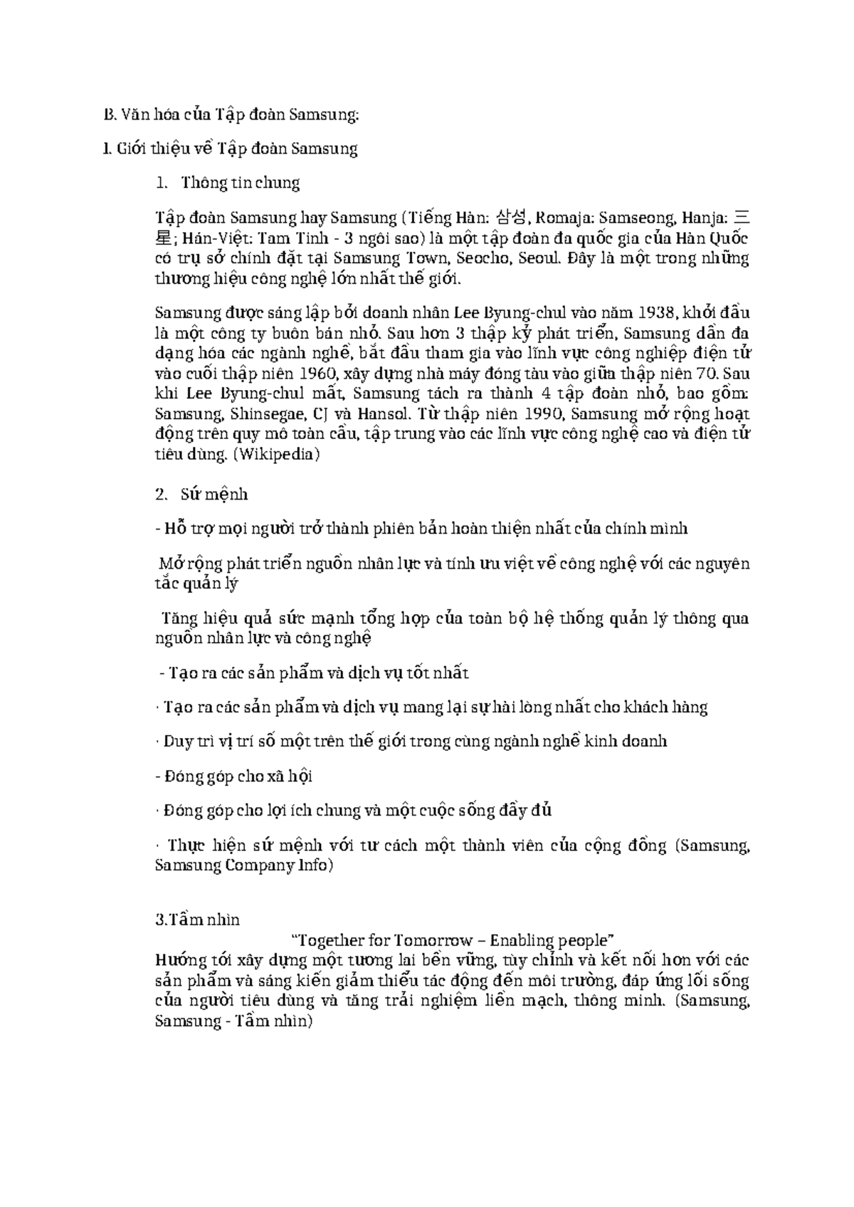 HVTC - HVTC - B. Văn hóa c ủa T p đoàn Samsung: ậ I. Gi i thi u vớ ệ ề T p đoàn Samsungậ 1 ...