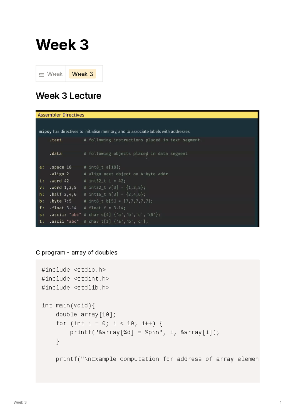 1521 Week 3 Notes - Week 3 Week Week 3 Week 3 Lecture C program - array ...